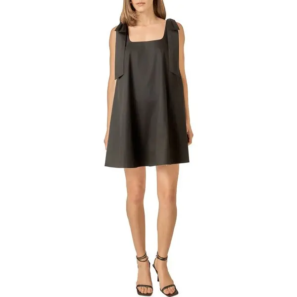 English Factory Bow Shoulder Sleeveless Cotton Minidress - Black