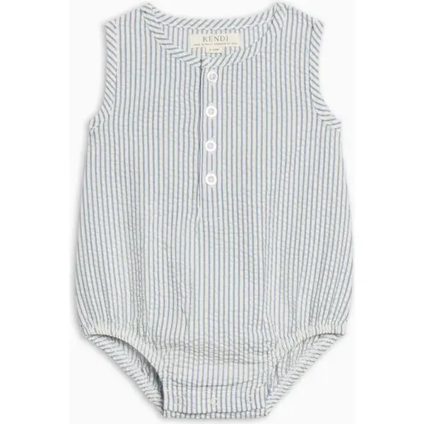 KENDI BY COLORED ORGANICS Organic Seersucker Cotton Bubble Romper - Shore Stripe/sea