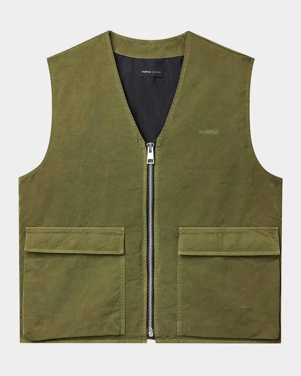 PURPLE BRAND Woven Full-zip Utility Vest - Green
