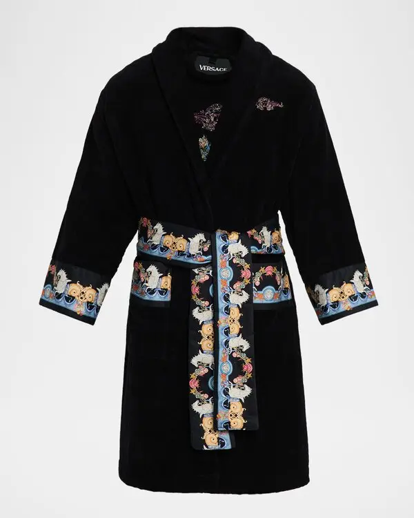 Versace Coral-trim Cotton Terry Robe - Black Multi