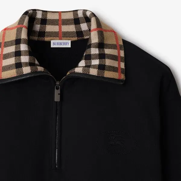Burberry Check Collar Cotton Half-Zip Sweatshirt - Black