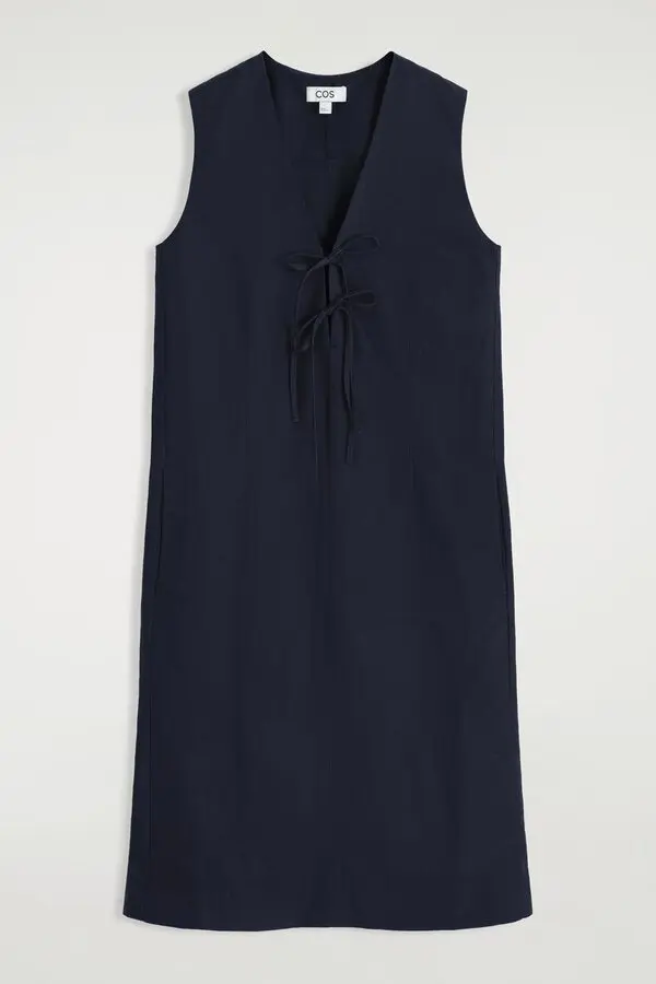 Cos Linen-blend Tie-front Midi Dress - Navy