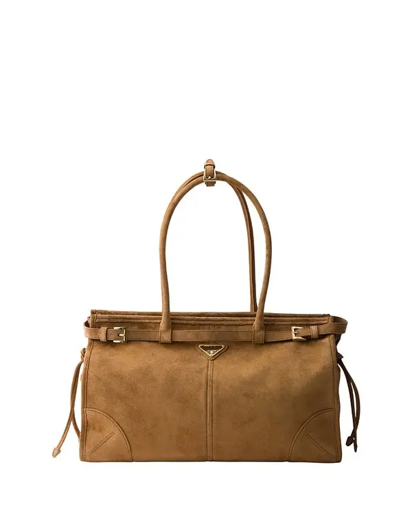 Prada Large Convertible Suede Shoulder Handbag - Cinnamon