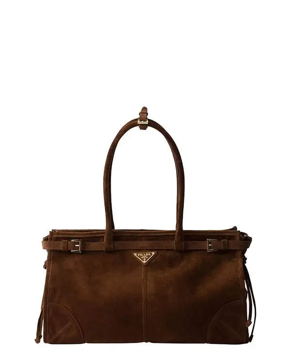 Prada Large Convertible Suede Shoulder Handbag - Cinnamon