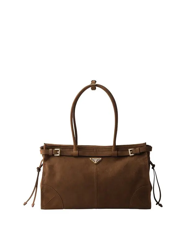 Prada Large Convertible Suede Shoulder Handbag - Cinnamon