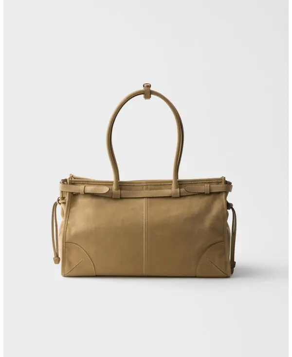 Prada Large Convertible Suede Shoulder Handbag - Neutral