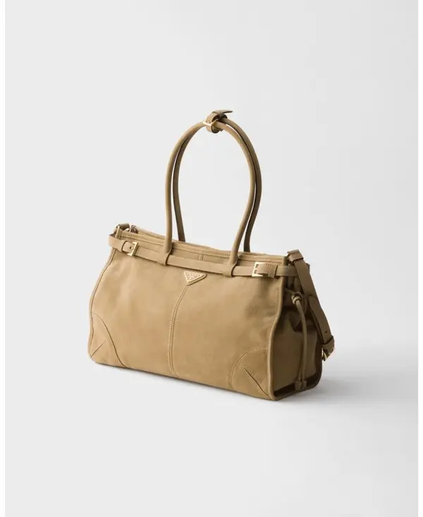 Prada Large Convertible Suede Shoulder Handbag - Neutral