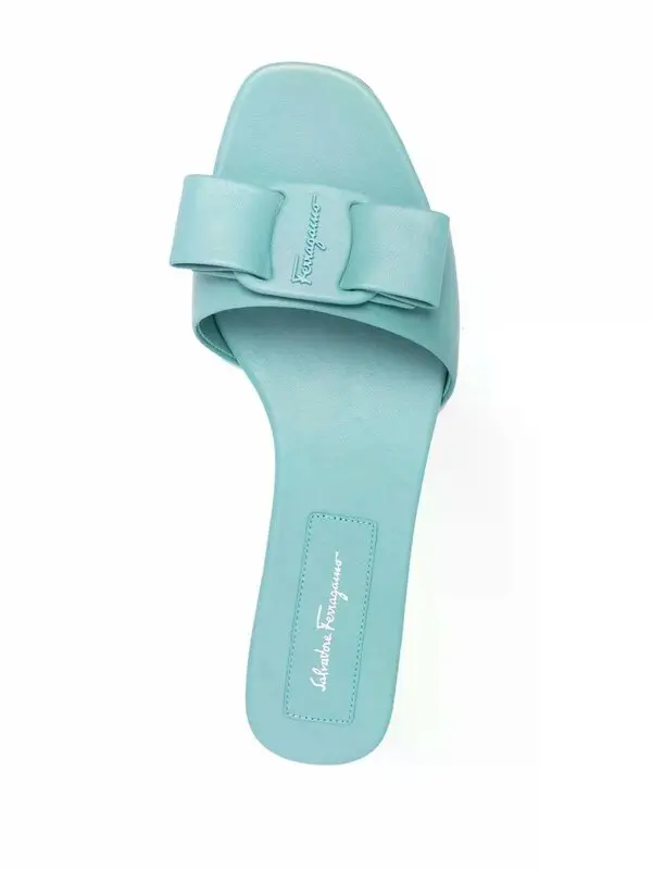 FERRAGAMO Embossed Bow Detail Flat Sandals - Blue
