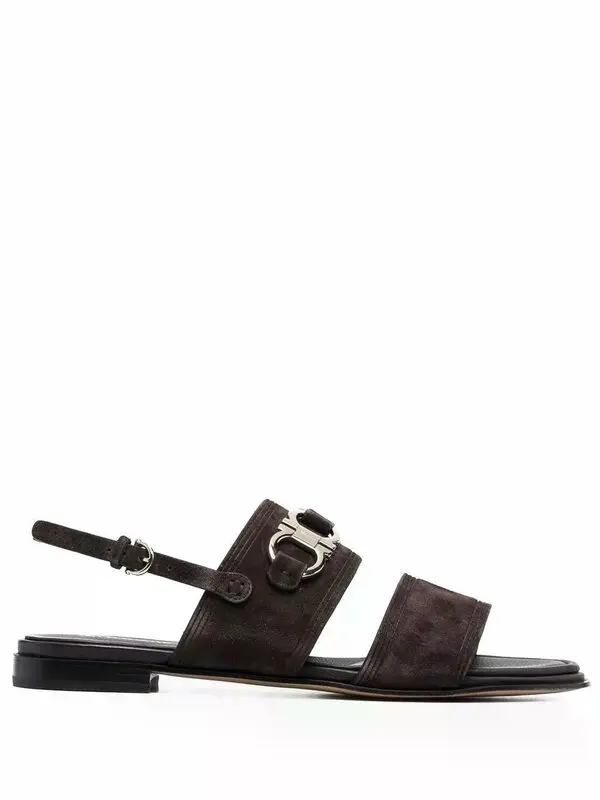 FERRAGAMO Gancini-plaque Suede Sandals - Brown