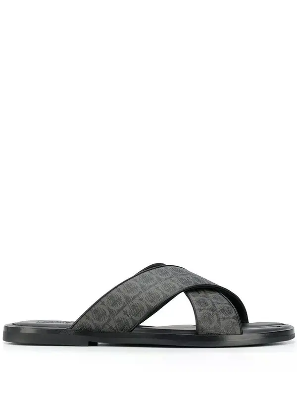 FERRAGAMO Gancini Leather Pool Slides - Grey
