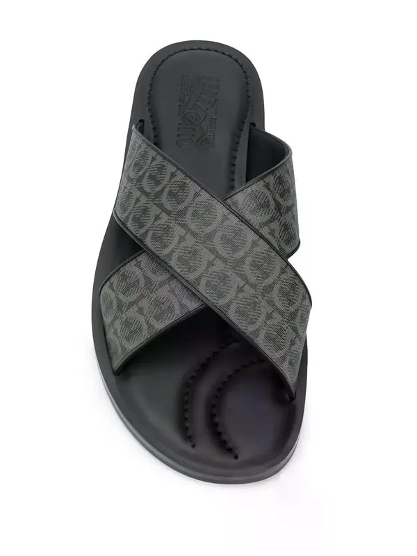 FERRAGAMO Gancini Leather Pool Slides - Grey