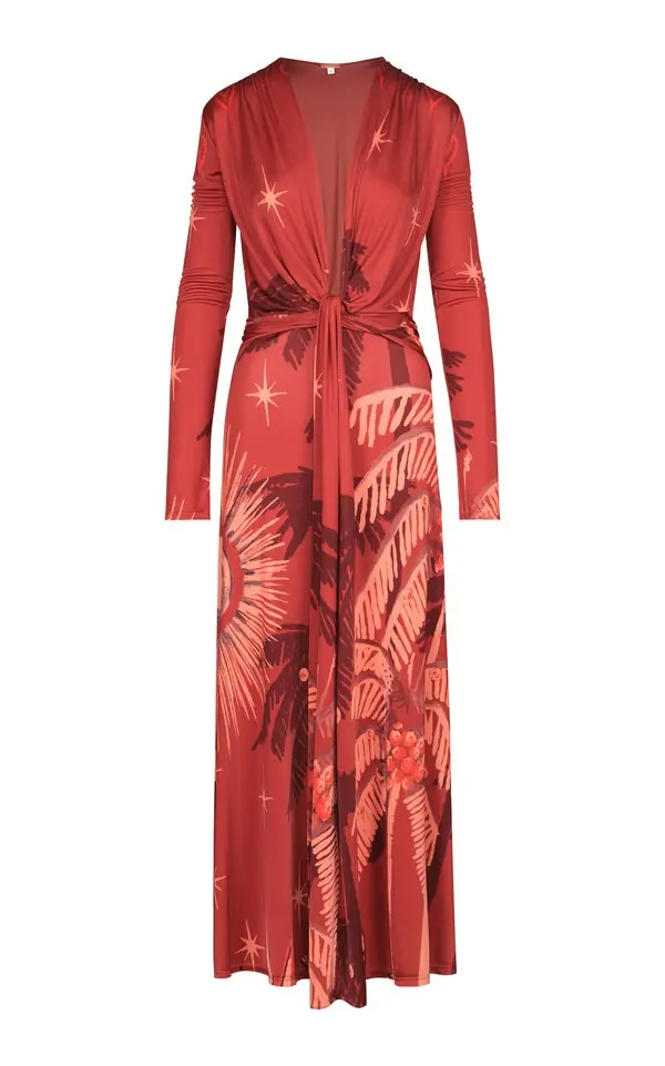 Johanna Ortiz Coral Marino" Plunge Neck Long Sleeve Maxi Dress - Red