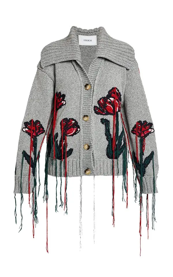 Erdem Embroidered Knit Wool-cotton Jacket - Grey