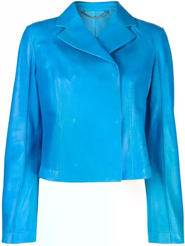 FERRAGAMO Notched-lapel Leather Jacket - Blue