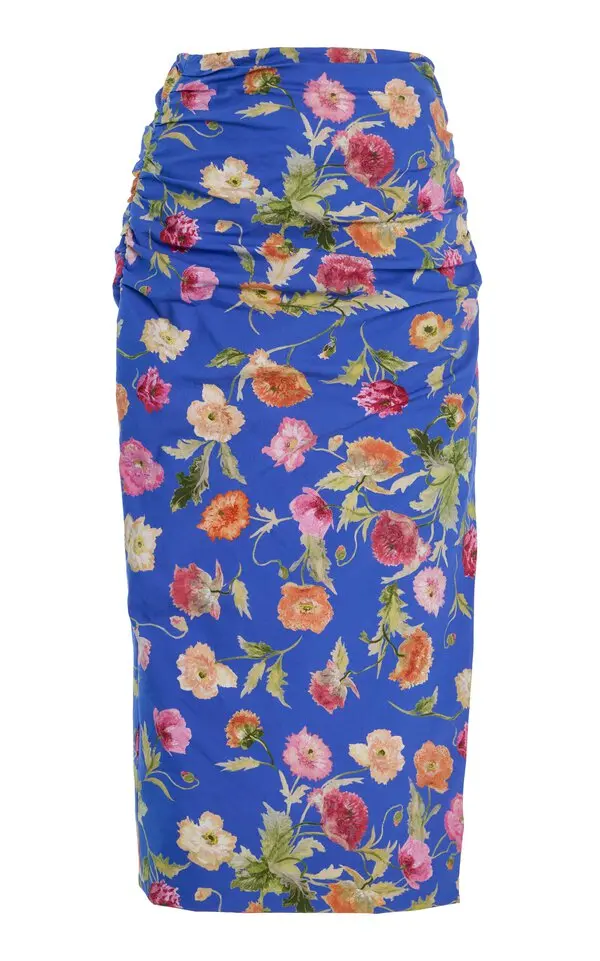 Carolina Herrera Ruched Silk Midi Skirt - Blue