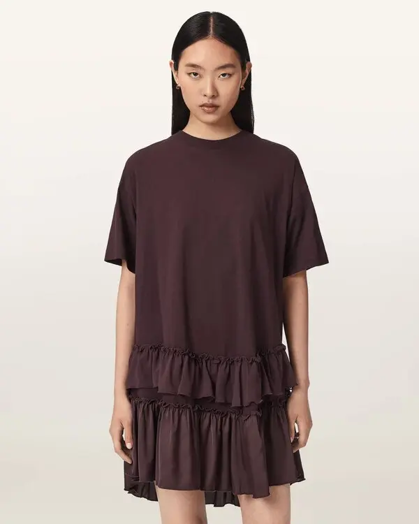 ALLSAINTS Feyre Relaxed Fit Mini Dress With Frill Detailing And Asymmetric Hem - Red