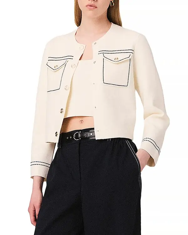 Maje Topstitched Cropped Cardigan - Ecru