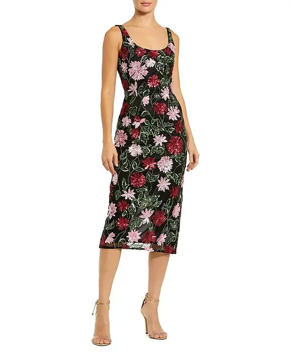 Mac Duggal Floral Beaded Mesh Scoop Neck Fitted Midi Dress - Black Multi