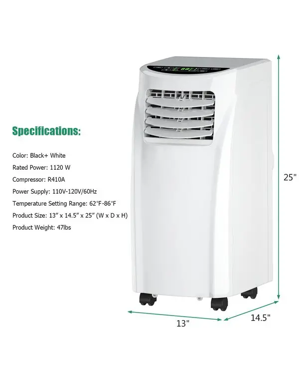 COSTWAY 8,000btu Portable Air Conditioner & Dehumidifier Function Remote