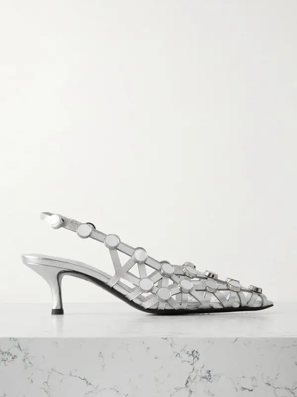 Attico Grid Studded Metallic Leather Slingback Pumps - Silver