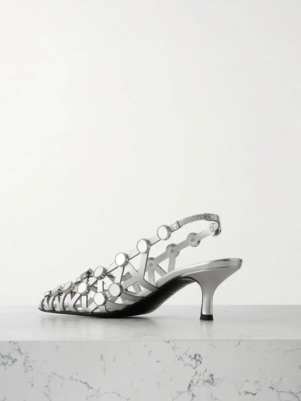 Attico Grid Studded Metallic Leather Slingback Pumps - Silver
