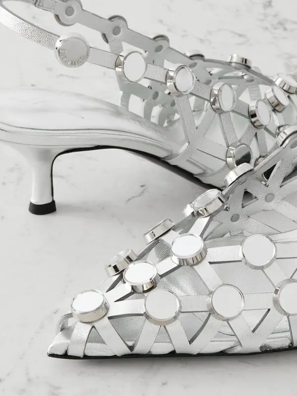 Attico Grid Studded Metallic Leather Slingback Pumps - Silver