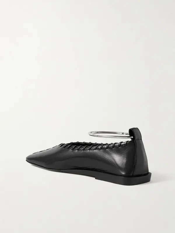 JIL SANDER Ring Whipstitch-trimmed Leather Ballet Flats - Black