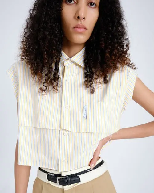 HOMMEGIRLS Sleeveless Layered Cropped Shirt - Yellow Stripe Oxford