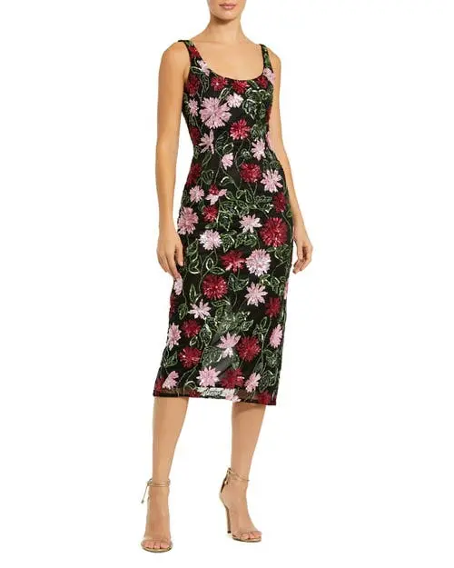 Mac Duggal Embellished Floral Mesh Midi Dress - Black Multi