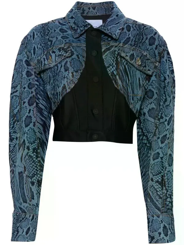 MUGLER Snake-print Panelled Denim Jacket - Blue
