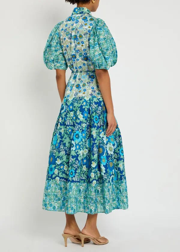 ax paris green floral dress Green Floral Printed Short Puff Sleeve Gathered Side Midi Dress – AX Paris main image 0