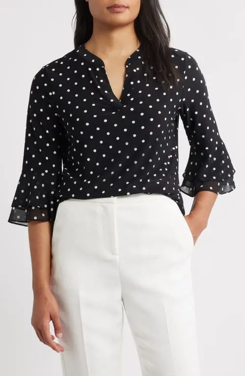 KASPER Polka Dot Flutter Sleeve Top