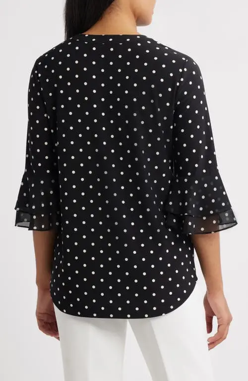 KASPER Polka Dot Flutter Sleeve Top