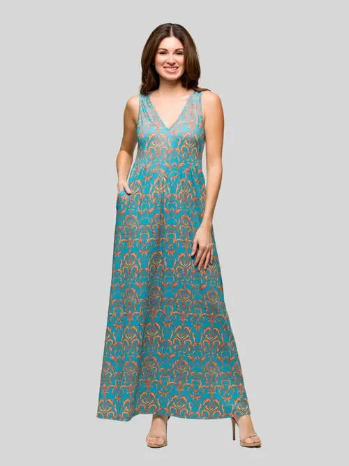 24SEVEN COMFORT APPAREL Sleeveless V-neck Maxi Dress With Pockets