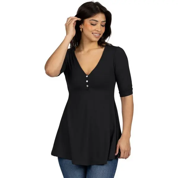 24SEVEN COMFORT APPAREL Short Sleeve Henley Top With Button Detail - Black