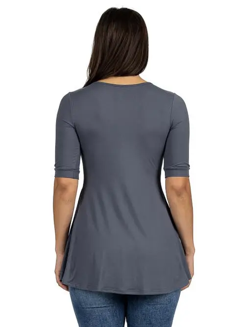 24SEVEN COMFORT APPAREL Short Sleeve Henley Top With Button Detail - Charcoal