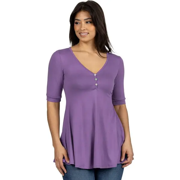24SEVEN COMFORT APPAREL Short Sleeve Henley Top With Button Detail - Lilac