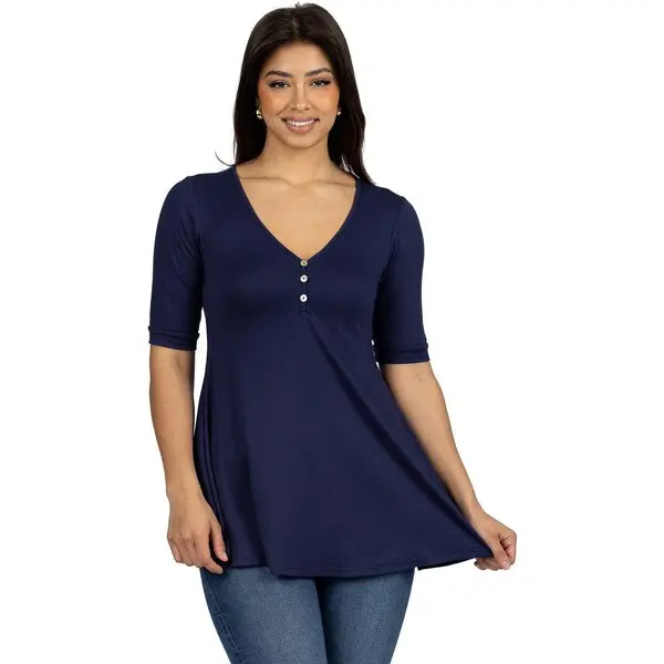 24SEVEN COMFORT APPAREL Short Sleeve Henley Top With Button Detail - Navy