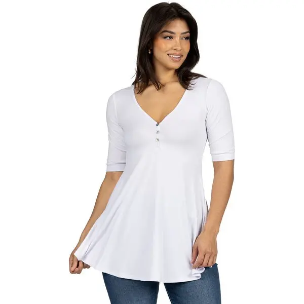 24SEVEN COMFORT APPAREL Short Sleeve Henley Top With Button Detail - White