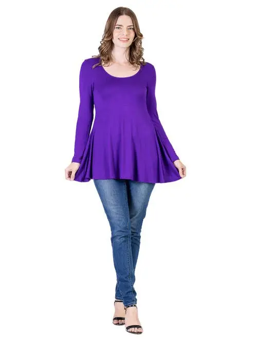 24SEVEN COMFORT APPAREL Long Sleeve Flared Tunic Top - Amethyst