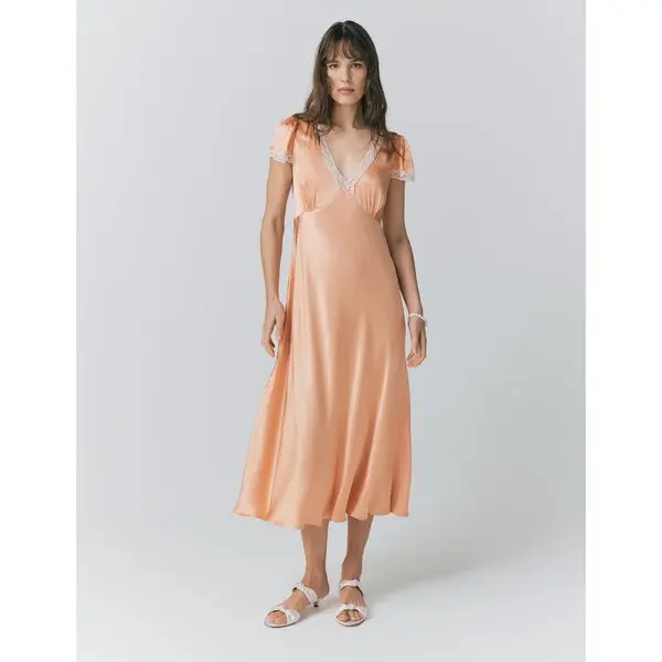 GHOST LONDON Lillie Lace Trim Satin Dress - Peach