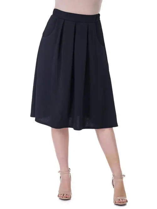 24SEVEN COMFORT APPAREL Elastic Waist Pleated Knee Length Skirt - Black