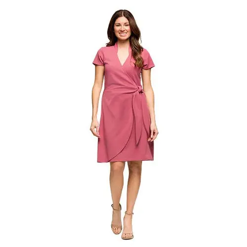 24SEVEN COMFORT APPAREL Maternity Mandarin Collar Knee Length Wrap Dress - Rose