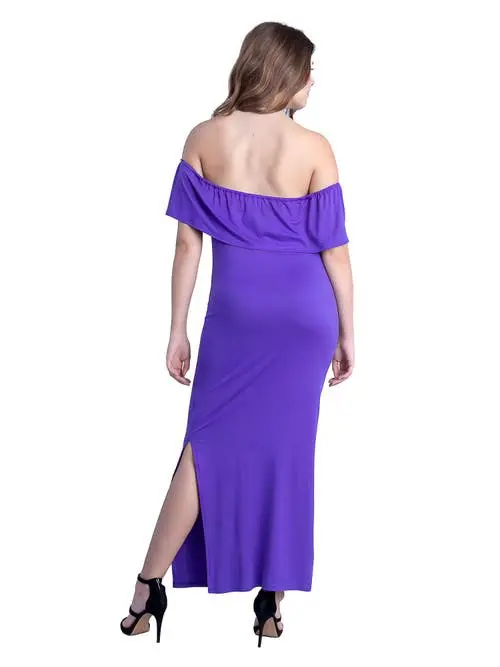 24SEVEN COMFORT APPAREL Off Shoulder Ruffle Detail Maxi Dress - Purple