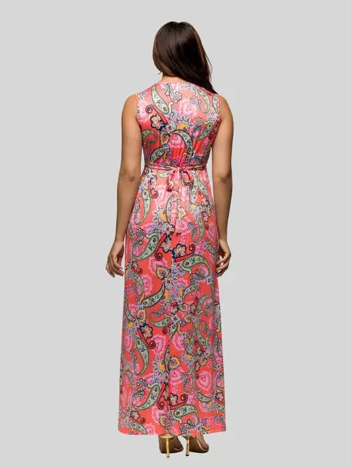 24seven Comfort Apparel Paisley Print V-Neck Empire Waist Maxi Dress - Pink  Multi - 31% Off | Editorialist