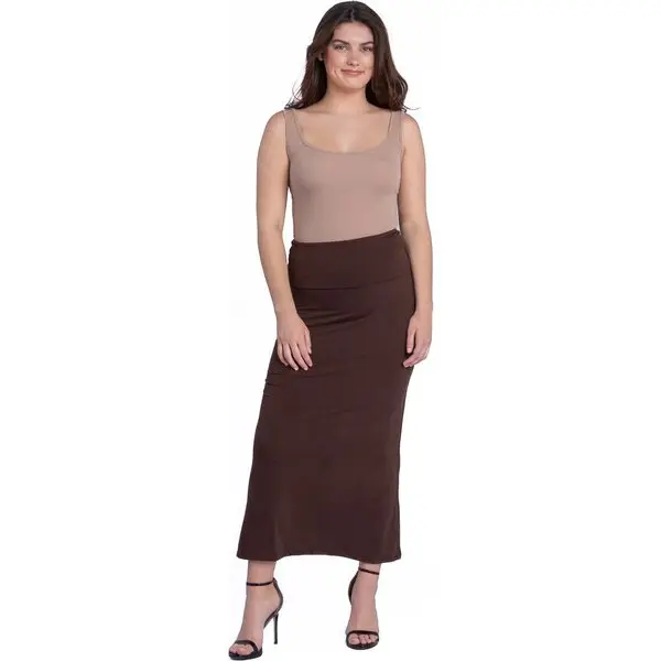 24SEVEN COMFORT APPAREL Foldover Waist Maxi Skirt - Brown