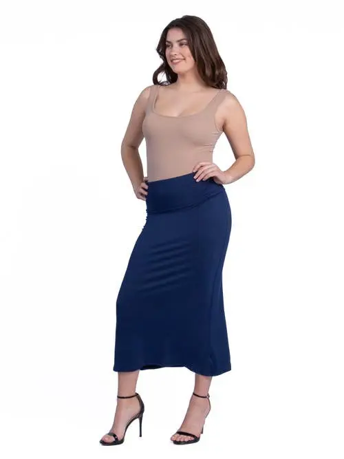 24SEVEN COMFORT APPAREL Foldover Waist Maxi Skirt - Navy