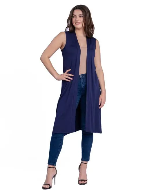 24SEVEN COMFORT APPAREL Sleeveless Long Cardigan Vest With Slit - Navy