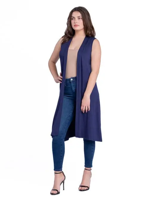 24SEVEN COMFORT APPAREL Sleeveless Long Cardigan Vest With Slit - Navy