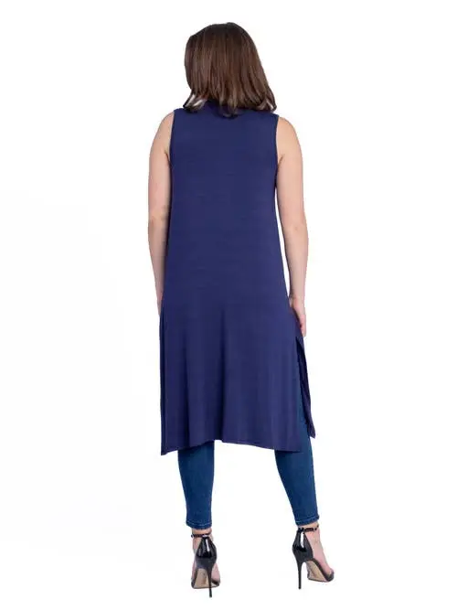 24SEVEN COMFORT APPAREL Sleeveless Long Cardigan Vest With Slit - Navy